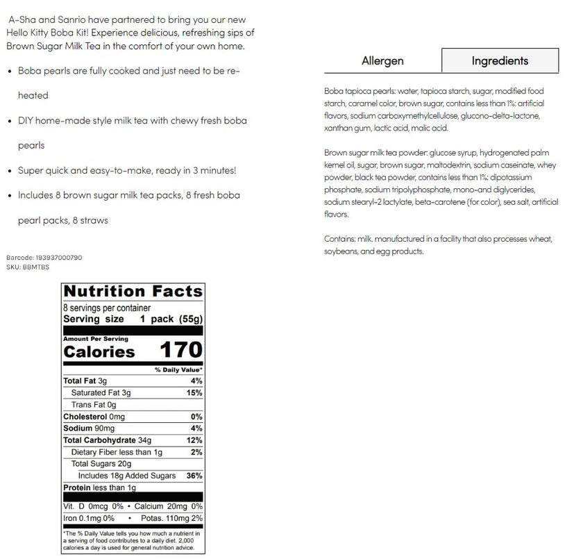 A-Sha Hello Kitty Boba Kit Brown Sugar Milk Tea | Hello Kitty Boba ...